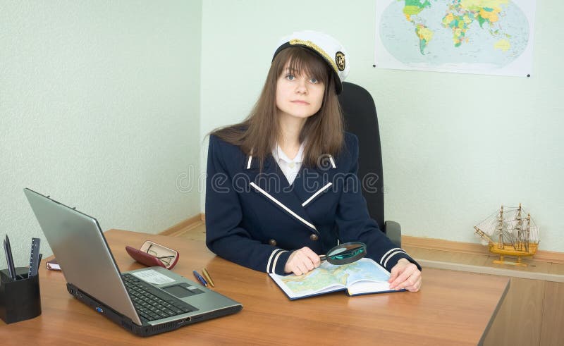 Girl - the Sea Captain with a Atlas Stock Image - Image of female, girl ...