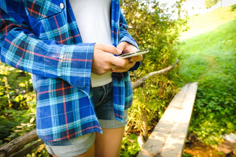 Girl Searches GPS Coordinates on Smartphone . Stock Photo - Image of ...