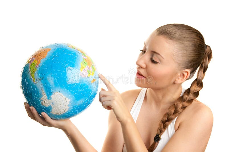Girl Searching on a Globe of the World Stock Photo - Image of holding ...