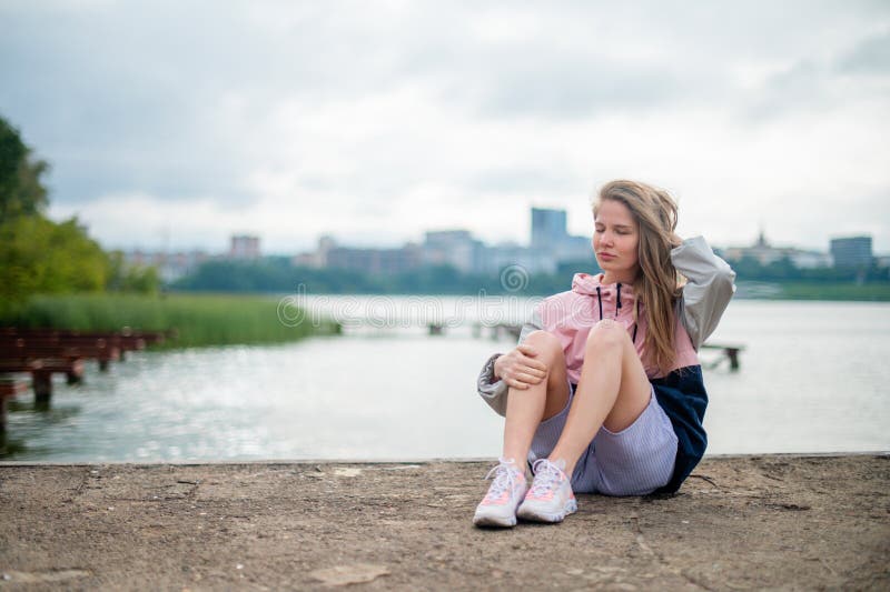 Girl Seating on Pier on Morning Walk Stock Image - Image of pleased ...