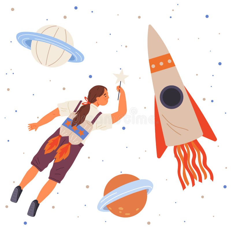 Girl With Self Made Jetpack Flying To Sky Lady Dressed In Astronaut