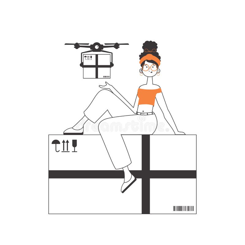 The Girl Sends a Parcel with a Drone. the Concept of Cargo Delivery by ...