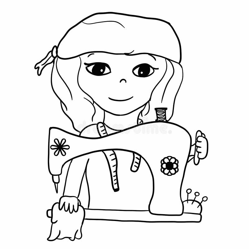 Girl and sewing machine stock illustration. Illustration of girl ...