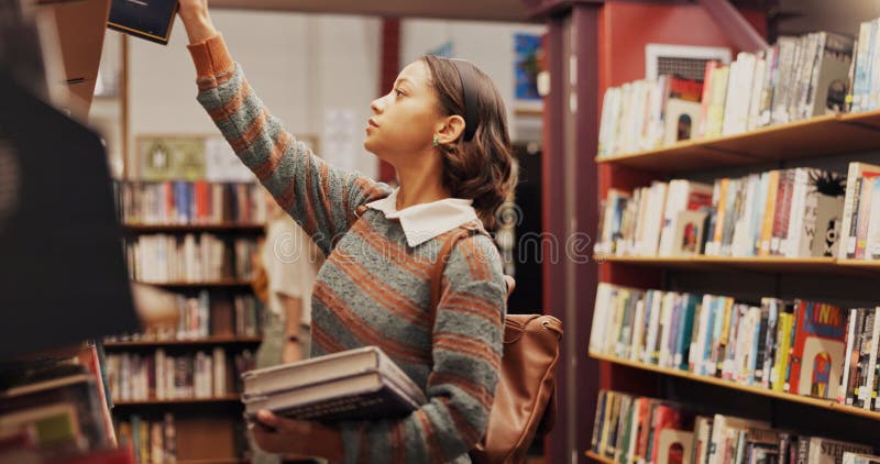 Girl, Shelf and Learning with Books in Library for Choice, Studying and ...