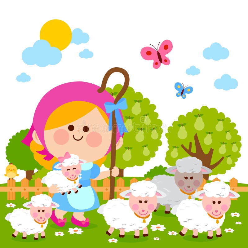 Girl shepherdess and sheep stock vector. Illustration of farmland ...