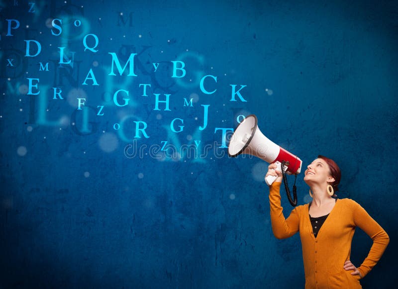 Girl Shouting into Megaphone and Abstract Text Come Out Stock Photo ...