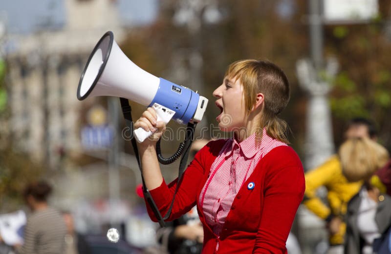 Girl Shouts in a Megaphone . Editorial Stock Photo - Image of problem ...