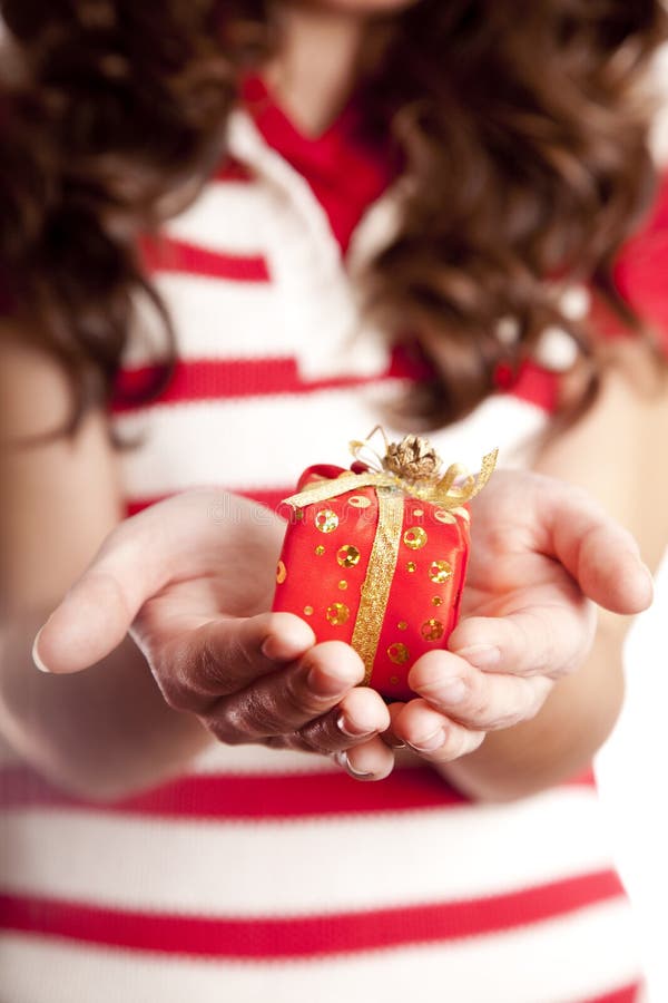Girl show you present box. stock photo. Image of brunette - 22155656