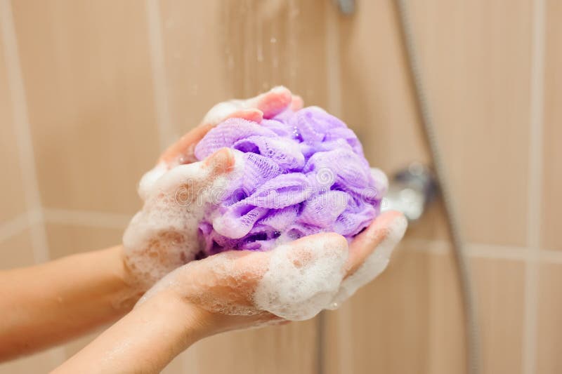 Girl in Shower with a Bath Sponge Stock Image - Image of lifestyle ...