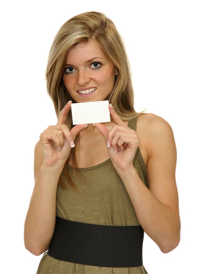 Girl showing business card stock photo. Image of isolated - 14747390