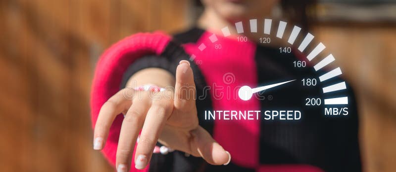 Girl Showing Internet Speedometer. Speed. Technology Stock Photo ...