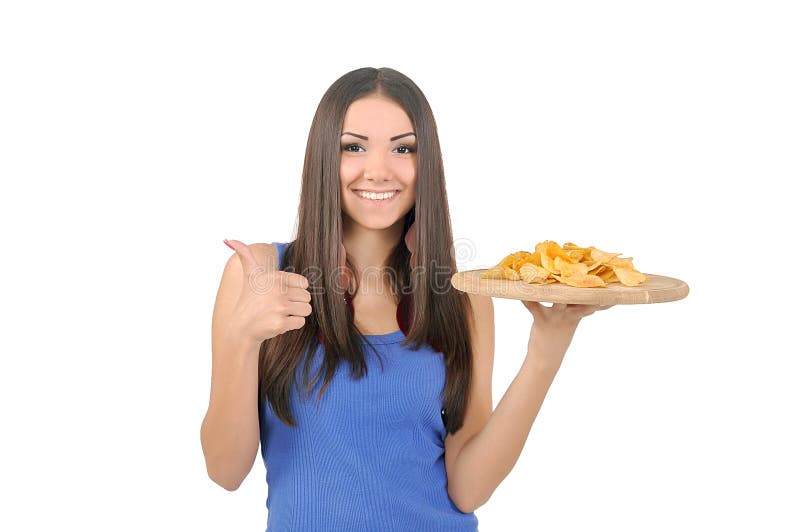 Girl Shows that the Chips Delicious Stock Photo - Image of hair ...