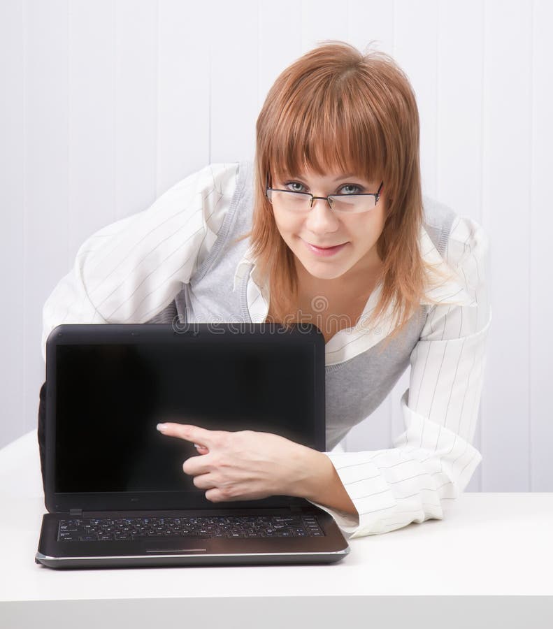 Girl Shows a Finger on a Laptop Stock Image - Image of caucasian, hand ...