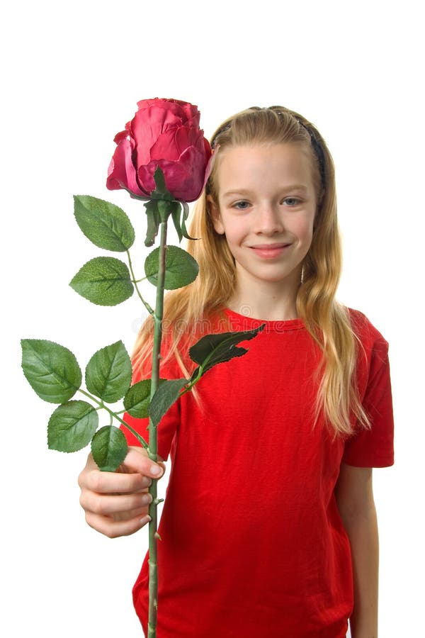 Girl with silk red rose stock image. Image of birthday - 13441563