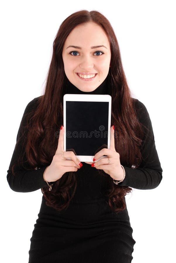 Girl Sits on a Chair and Holding a Tablet Computer Stock Photo - Image ...