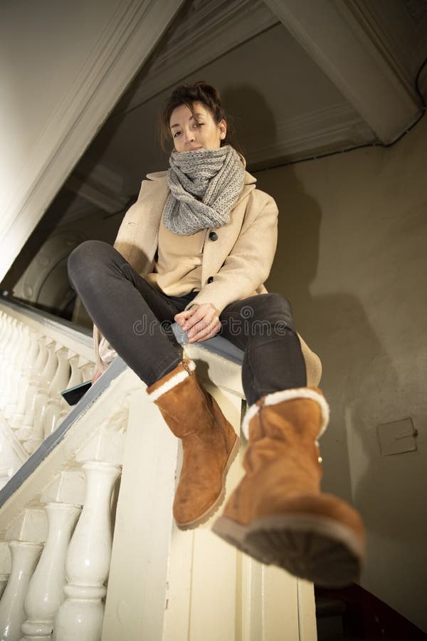 Girl Sits High and Looks Down Stock Image - Image of nbrunette, fashion ...