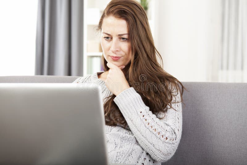 Girl Sits at Home and Think with Laptop Stock Photo - Image of notebook ...