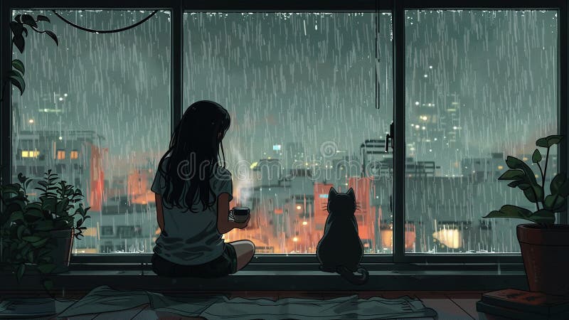 Anime Girl Watching Rain from Window Stock Footage - Video of cloudy ...
