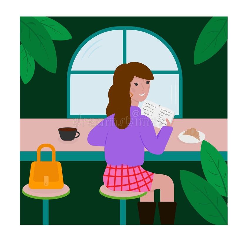 A Girl is Sitting in a Cafe and Reading a Book. Hand Drawn Style ...