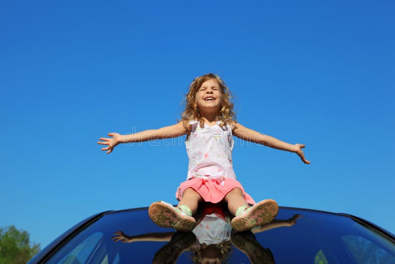 Girl Sitting on Car Roof with Open Hands Stock Photo - Image of nature ...