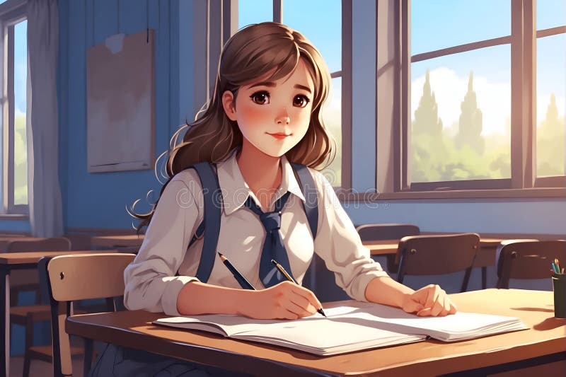 Girl Sitting at Desk Writing on Piece of Paper. Generative AI. Stock ... Girl Sitting at Desk Writing on Piece of Paper. Generative AI. Stock ...