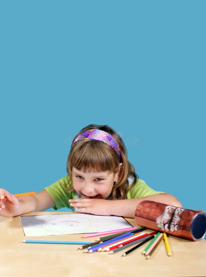 Girl Sitting and Drawing with Crayon Stock Image - Image of education ...