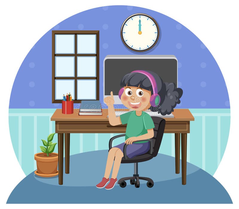 A Girl Sitting in Front of Computer Stock Vector - Illustration of home ...