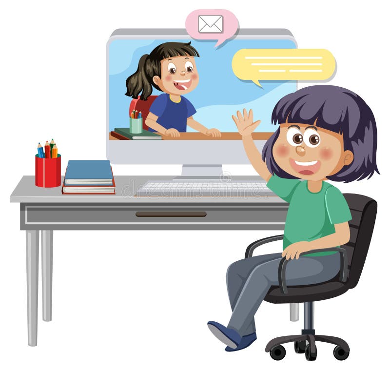 Young Girl Sitting Front Computer Stock Illustrations – 509 Young Girl ...