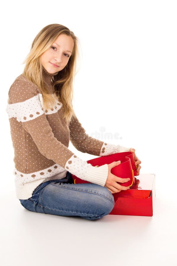 Girl sitting with gifts stock photo. Image of season - 28140056
