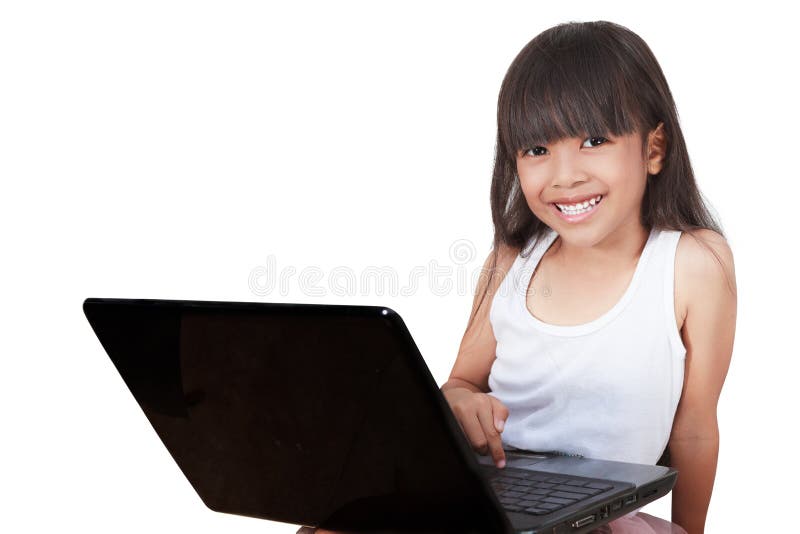 Girl is Sitting with Her Black Laptop Computer Stock Image - Image of ...