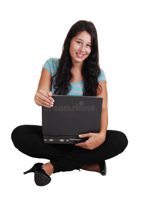 Girl Sitting with Laptop on Floor. Stock Photo - Image of computer ...