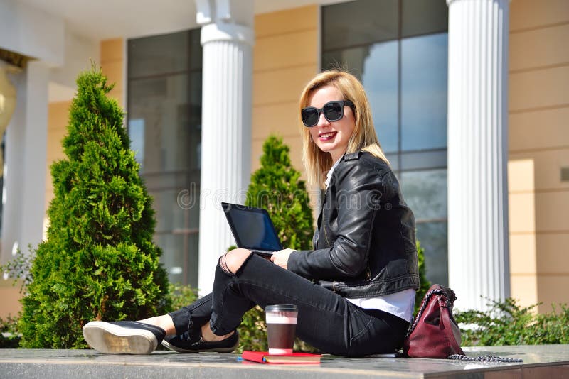 Girl sitting with laptop stock image. Image of caucasian - 72468005