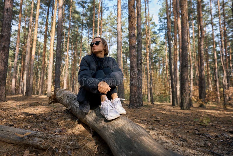Girl Sitting on a Log in a Pine Forest in Autumn. Stock Image - Image ...