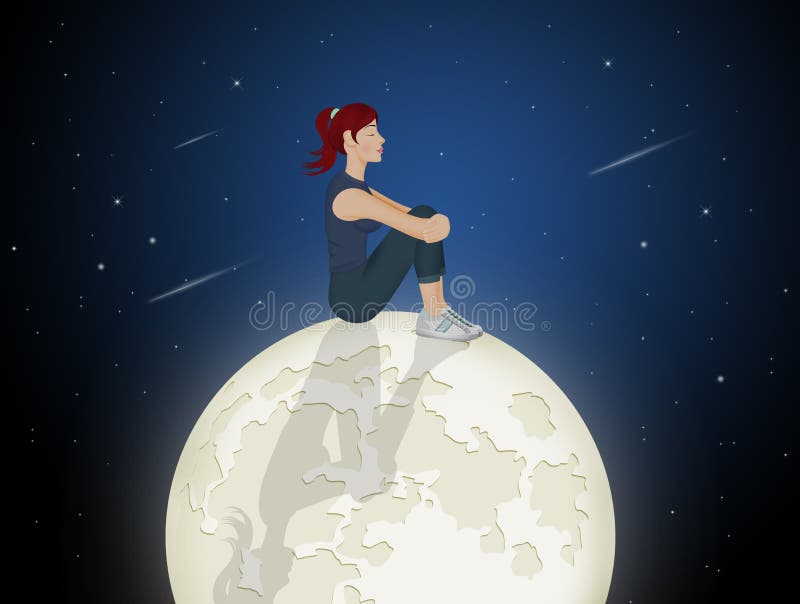 Girl sitting on the moon stock illustration. Illustration of girl ...