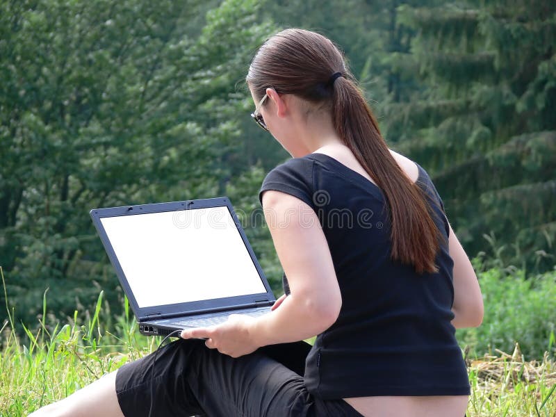 A Girl Sitting Outside with a Laptop Stock Image - Image of study ...