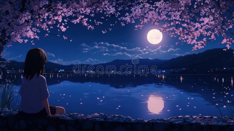 A Girl Sitting on a Rock Looking at the Moon Stock Illustration ...