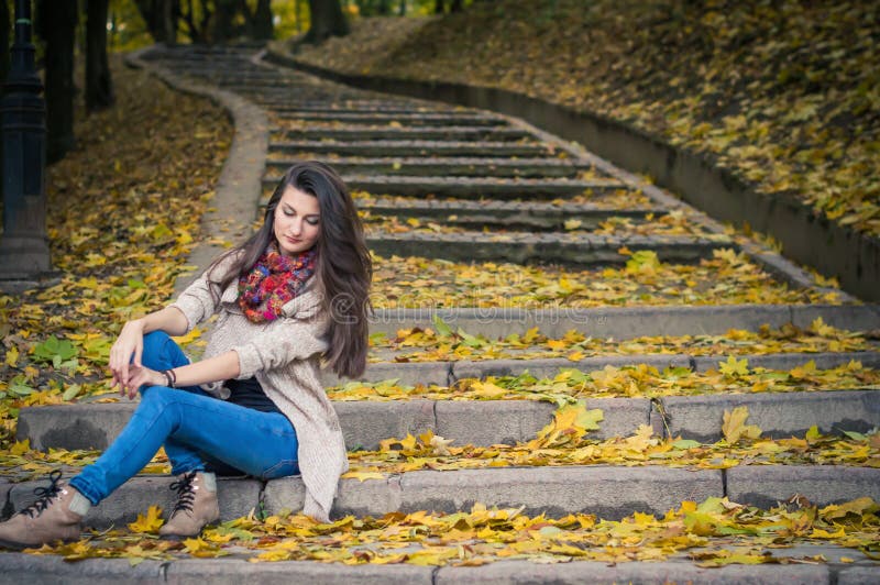 Girl Sitting on Stone Steps Stock Image - Image of nature, female: 86408401
