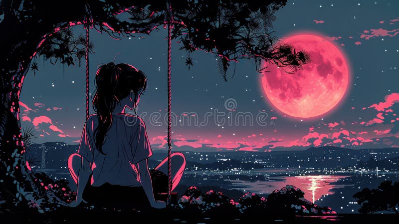 A Girl Sitting on a Swing in Front of a Red Moon Stock Illustration ...