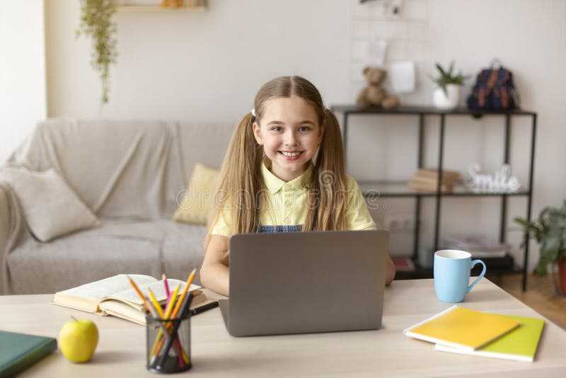 Girl Sitting at Table, Using Laptop for E-learning Stock Image - Image ...