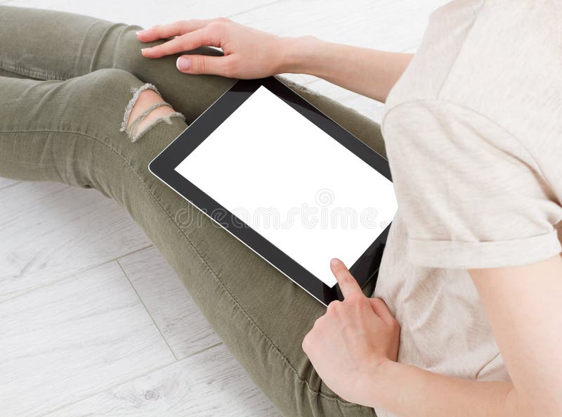 Girl Sitting with Tablet in Hands.Top View.Mock Up.Copy Space.Template ...