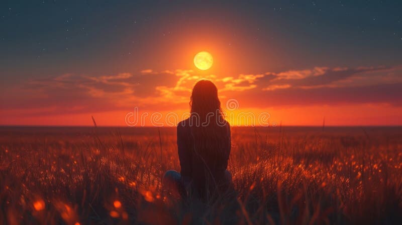 Girl Sitting Thinking In A Field Against The Backdrop Of Beautiful Sunset Back View Stock Image
