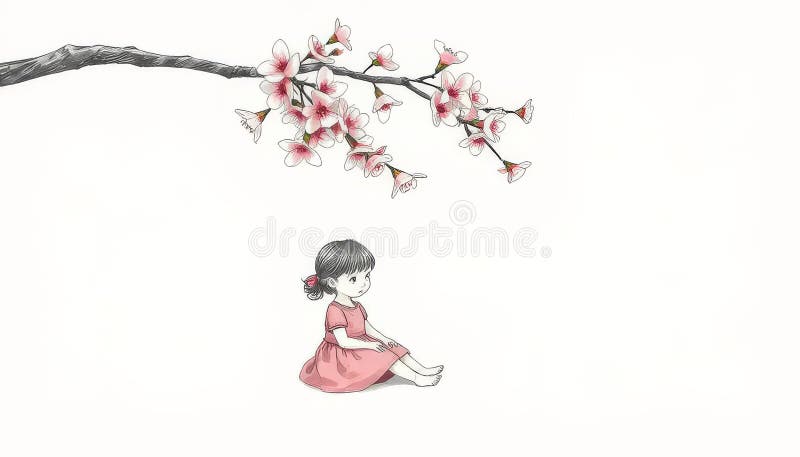 A Girl is Sitting on a Tree Branch Stock Illustration - Illustration of ...