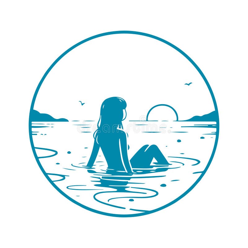 Girl Sitting in Water Watching Sunset - Vector Linear Cartoon ...