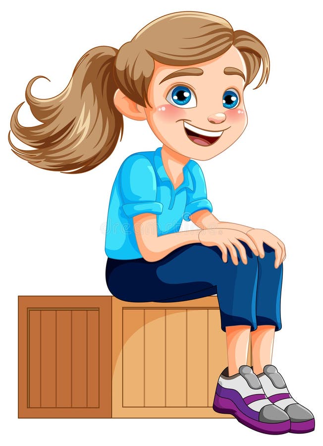 A Girl Sitting on Wooden Box Stock Vector - Illustration of cartoon ...