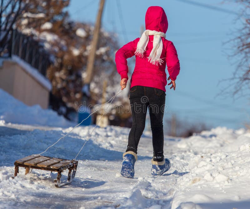 Girl with Sled in the Snow in Winter Stock Image - Image of girl, sled ...