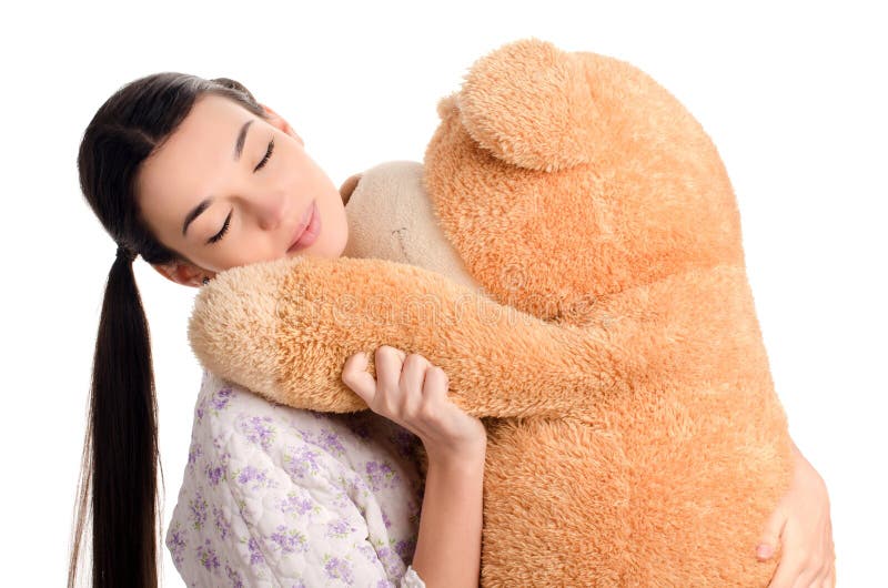 Girl Sleeping with a Big Teddy Bear. Stock Photo - Image of expression ...