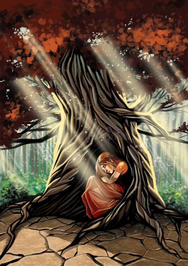 Girl sleeping in the tree stock illustration. Illustration of ground ...