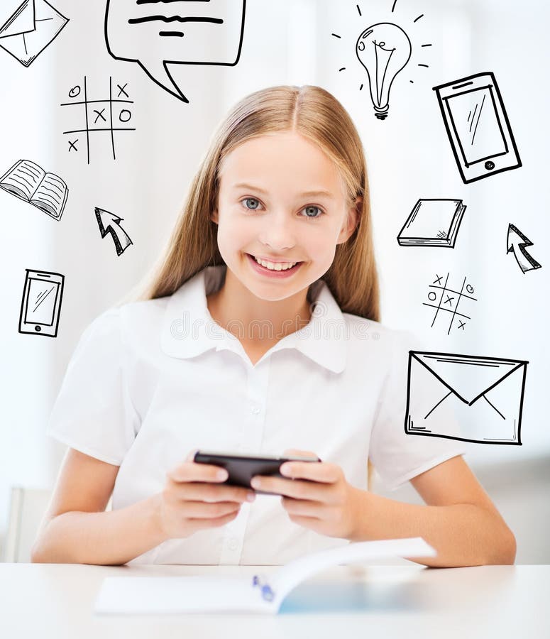 Girl with Smartphone at School Stock Image - Image of education, child ...