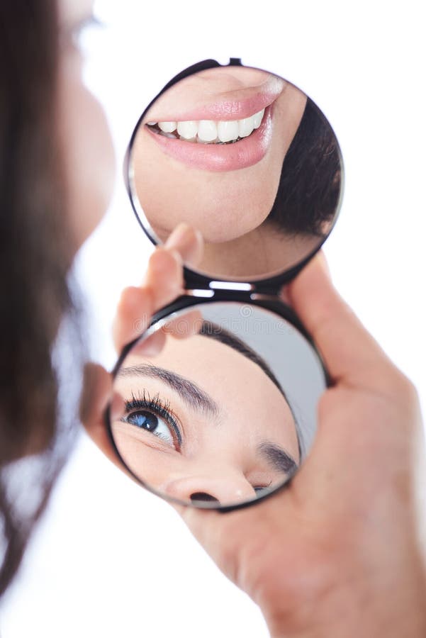 Girl Smile and Eye Reflection on Hand Mirror Stock Image - Image of ...