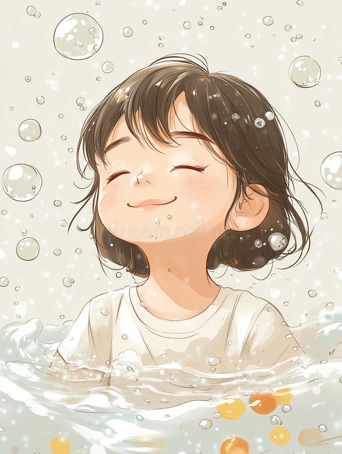 Girl Smiling in a Bath with Bubbles and Yellow Objects Underwater Art ...